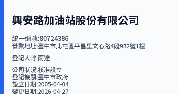 興安路加油站股份有限公司的照片-統編 80724386(臺中市) 公司登記資料與營業項目詳細圖表