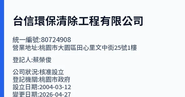 台信環保清除工程有限公司的照片-統編 80724908(桃園市) 公司登記資料與營業項目詳細圖表