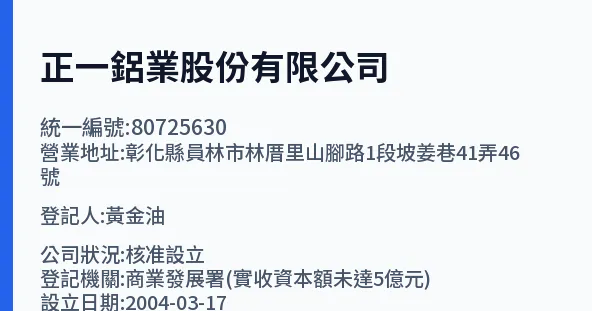正一鋁業股份有限公司的照片-統編 80725630(彰化縣) 公司登記資料與營業項目詳細圖表