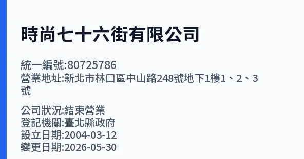 時尚七十六街有限公司的照片-統編 80725786(新北市) 公司登記資料與營業項目詳細圖表