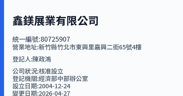 鑫鎂展業有限公司的照片-統編 80725907(新竹縣) 公司登記資料與營業項目詳細圖表