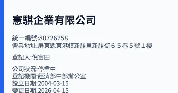 憲騏企業有限公司的照片-統編 80726758(屏東縣) 公司登記資料與營業項目詳細圖表