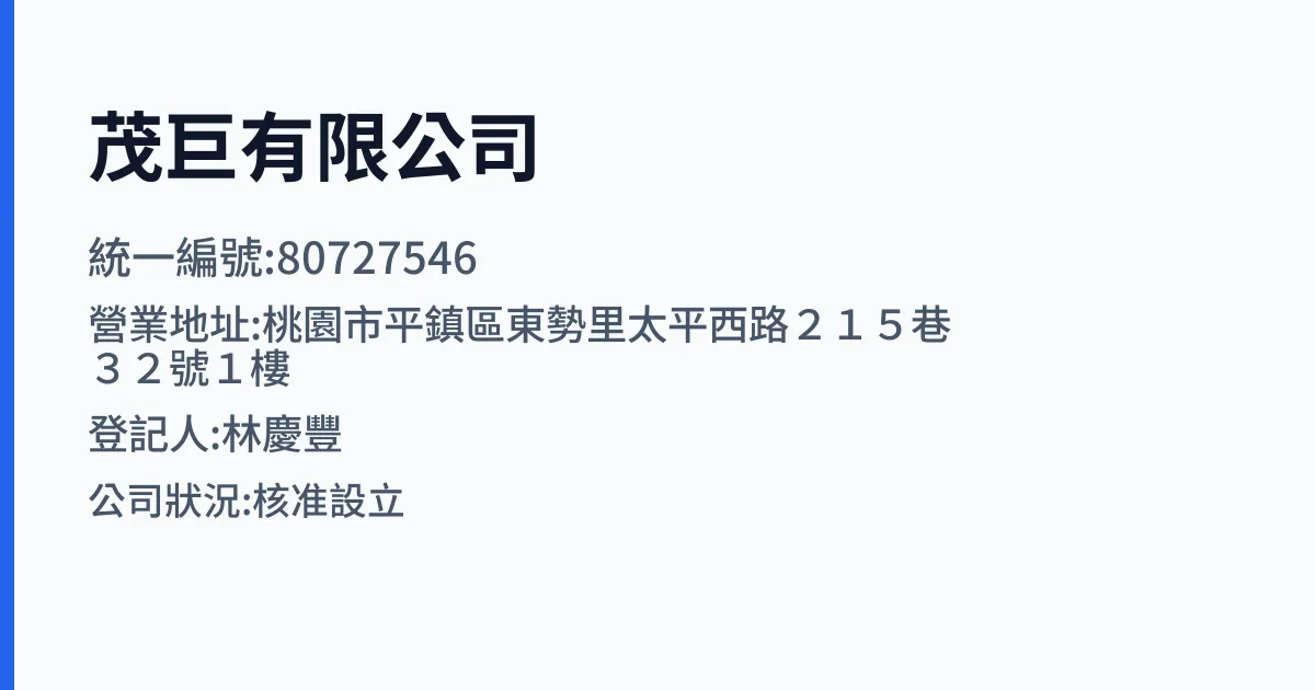 茂巨有限公司 - 統編 80727546(桃園市) 公司登記資料與營業項目詳細圖表