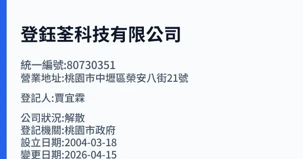 登鈺荃科技有限公司的照片-統編 80730351(桃園市) 公司登記資料與營業項目詳細圖表