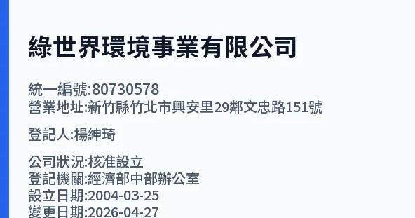 綠世界環境事業有限公司的照片-統編 80730578(新竹縣) 公司登記資料與營業項目詳細圖表