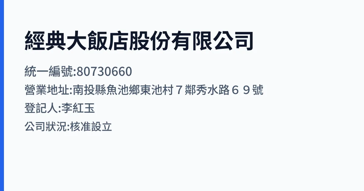 經典大飯店股份有限公司 - 統編 80730660(南投縣) 公司登記資料與營業項目詳細圖表