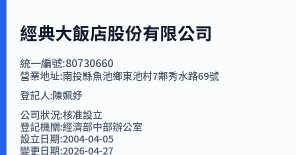 經典大飯店股份有限公司的照片-統編 80730660(南投縣) 公司登記資料與營業項目詳細圖表