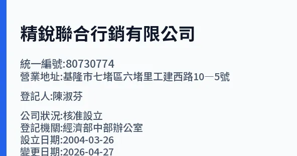 精銳聯合行銷有限公司的照片-統編 80730774(基隆市) 公司登記資料與營業項目詳細圖表