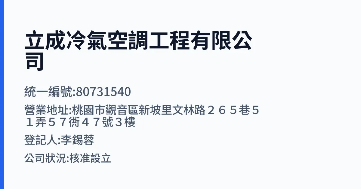 立成冷氣空調工程有限公司 - 統編 80731540(桃園市) 公司登記資料與營業項目詳細圖表
