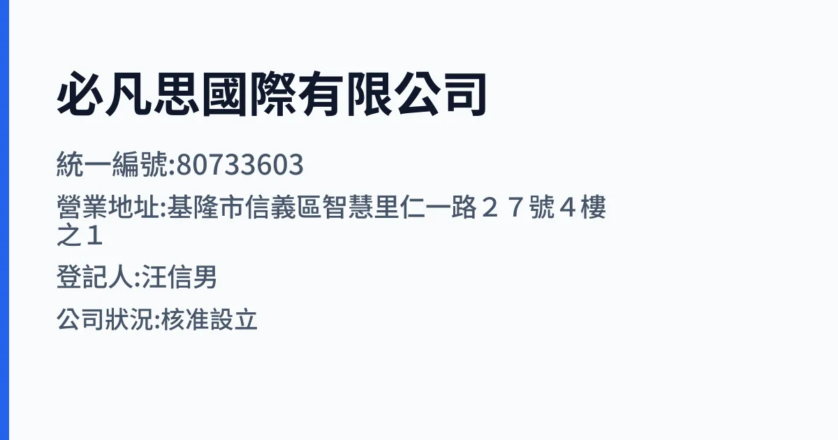 必凡思國際有限公司 - 統編 80733603（基隆市） 公司登記資料與營業項目詳細圖表