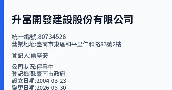 升富開發建設股份有限公司的照片-統編 80734526(臺南市) 公司登記資料與營業項目詳細圖表
