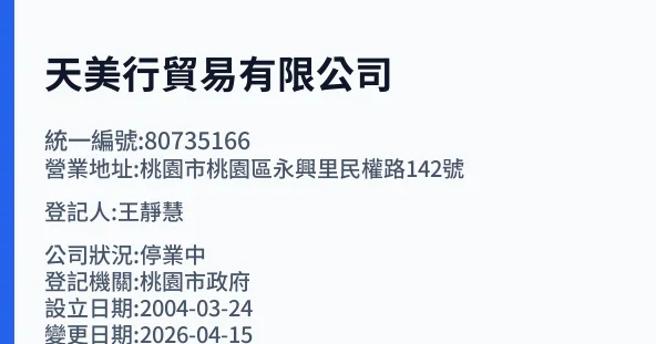 天美行貿易有限公司的照片-統編 80735166(桃園市) 公司登記資料與營業項目詳細圖表