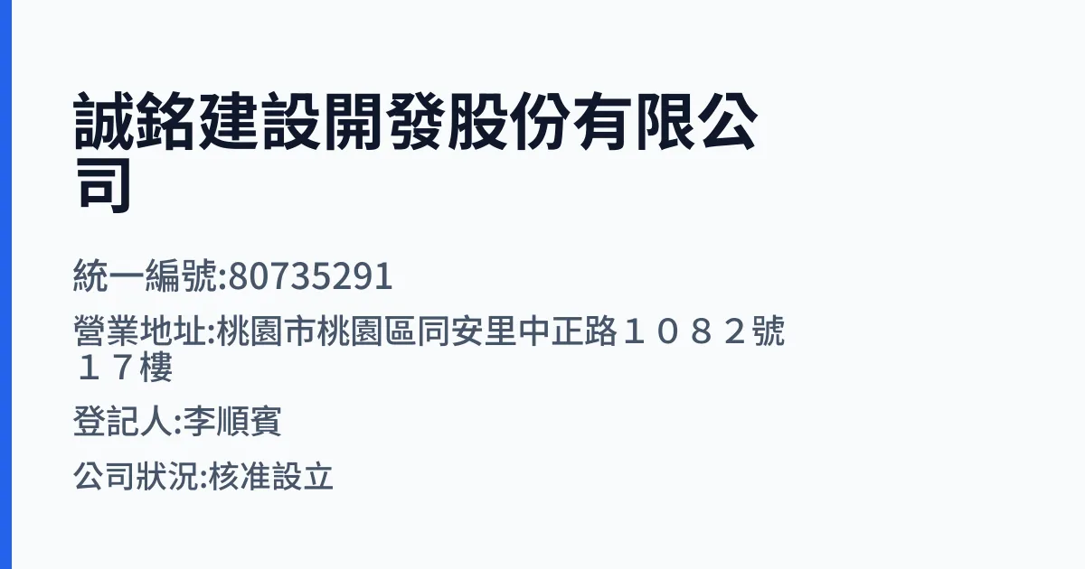 誠銘建設開發股份有限公司 - 統編 80735291(桃園市) 公司登記資料與營業項目詳細圖表
