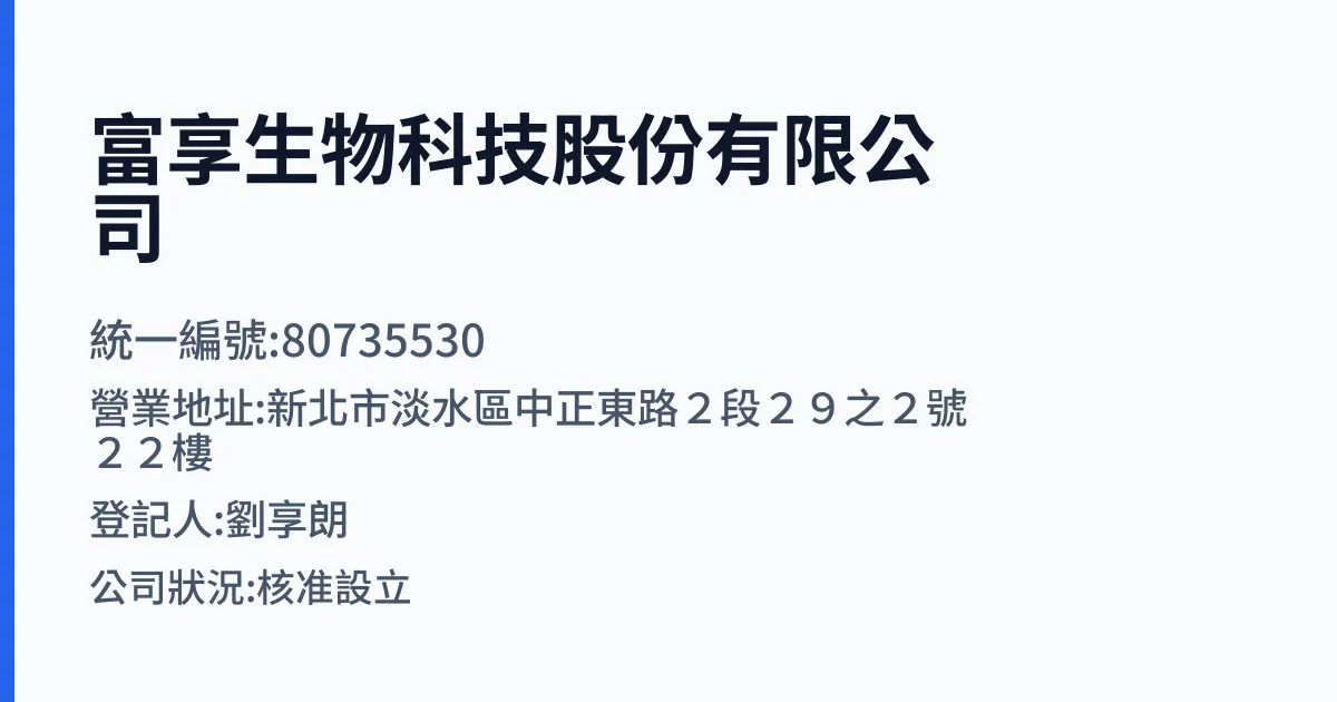 富享生物科技股份有限公司 - 統編 80735530(新北市) 公司登記資料與營業項目詳細圖表