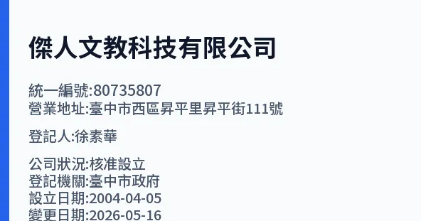 傑人文教科技有限公司的照片-統編 80735807(臺中市) 公司登記資料與營業項目詳細圖表