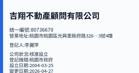 吉翔不動產顧問有限公司的照片-統編 80736670(桃園市) 公司登記資料與營業項目詳細圖表