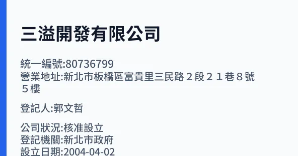 三溢開發有限公司的照片-統編 80736799(新北市) 公司登記資料與營業項目詳細圖表