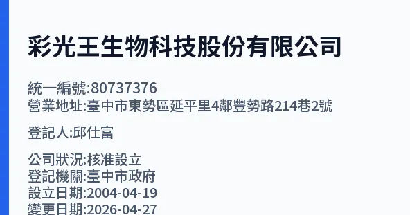 彩光王生物科技股份有限公司的照片-統編 80737376(臺中市) 公司登記資料與營業項目詳細圖表