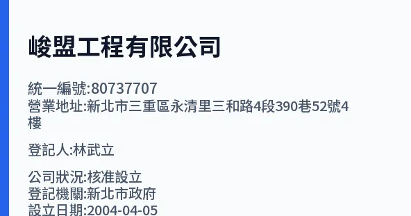峻盟工程有限公司的照片-統編 80737707(新北市) 公司登記資料與營業項目詳細圖表