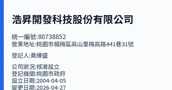 浩昇開發科技股份有限公司的照片-統編 80738852(桃園市) 公司登記資料與營業項目詳細圖表
