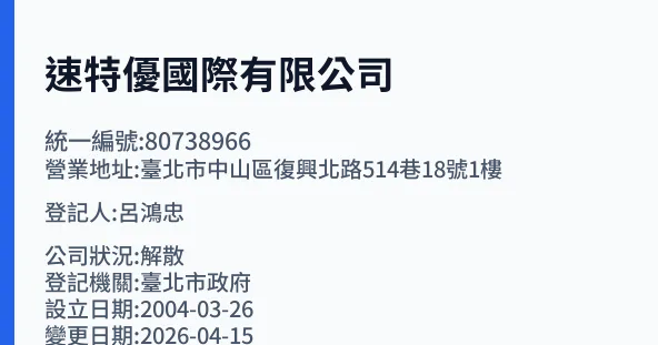 速特優國際有限公司的照片-統編 80738966(臺北市) 公司登記資料與營業項目詳細圖表