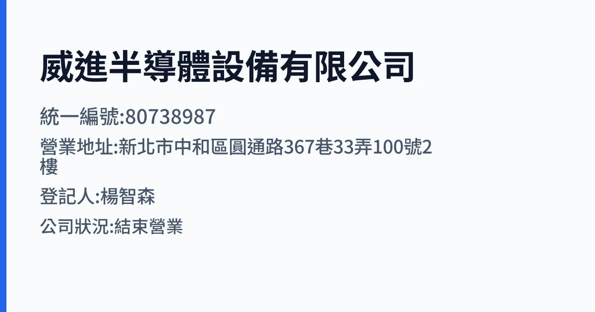 威進半導體設備有限公司 - 統編 80738987(新北市) 公司登記資料與營業項目詳細圖表