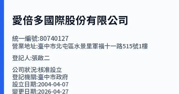 愛倍多國際股份有限公司的照片-統編 80740127(臺中市) 公司登記資料與營業項目詳細圖表