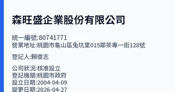 森旺盛企業股份有限公司的照片-統編 80741771(桃園市) 公司登記資料與營業項目詳細圖表
