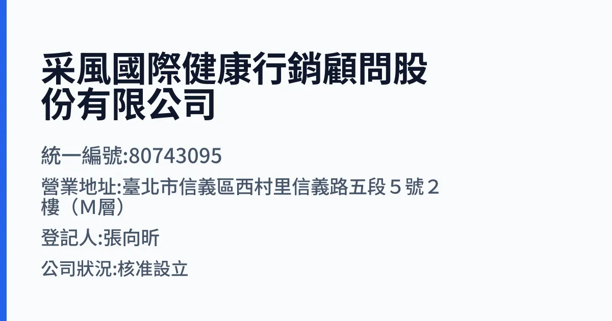 采風國際健康行銷顧問股份有限公司 - 統編 80743095(臺北市) 公司登記資料與營業項目詳細圖表