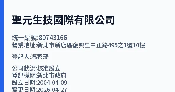 聖元生技國際有限公司的照片-統編 80743166(新北市) 公司登記資料與營業項目詳細圖表