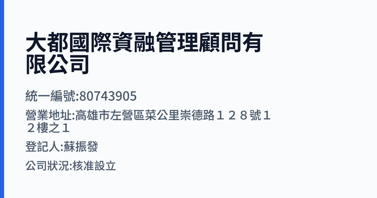 大都國際資融管理顧問有限公司 - 統編 80743905(高雄市) 公司登記資料與營業項目詳細圖表