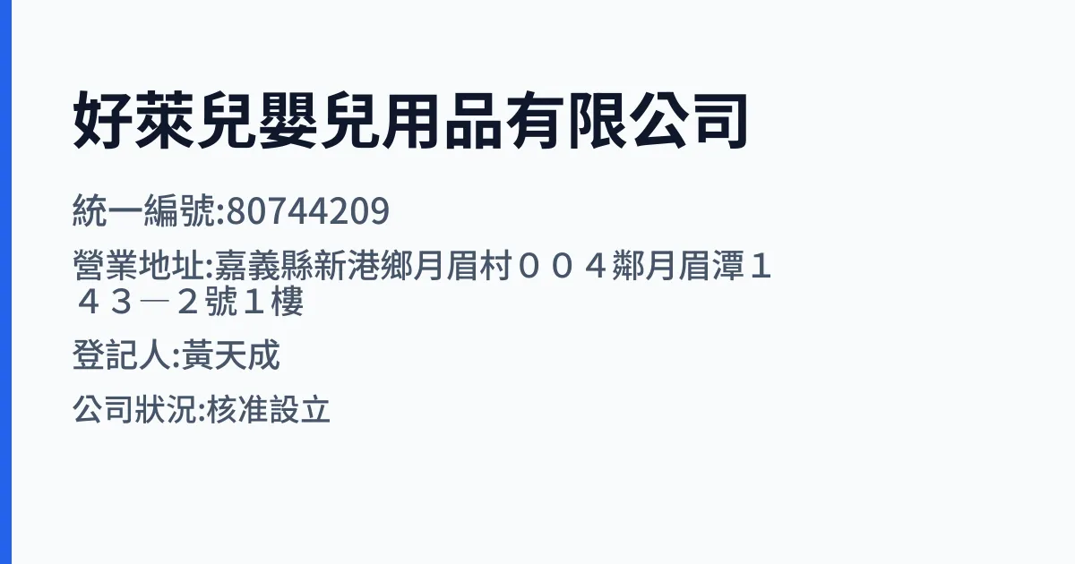 好萊兒嬰兒用品有限公司 - 統編 80744209（嘉義縣） 公司登記資料與營業項目詳細圖表