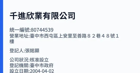 千進欣業有限公司的照片-統編 80744539(臺中市) 公司登記資料與營業項目詳細圖表