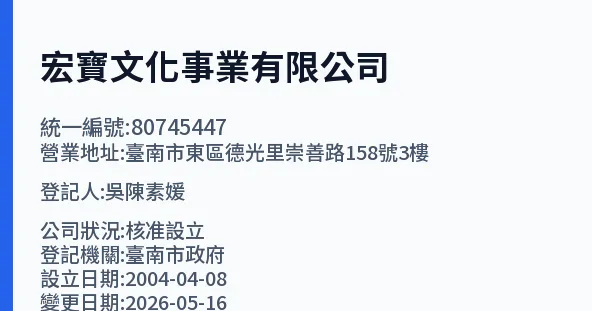 宏寶文化事業有限公司的照片-統編 80745447(臺南市) 公司登記資料與營業項目詳細圖表