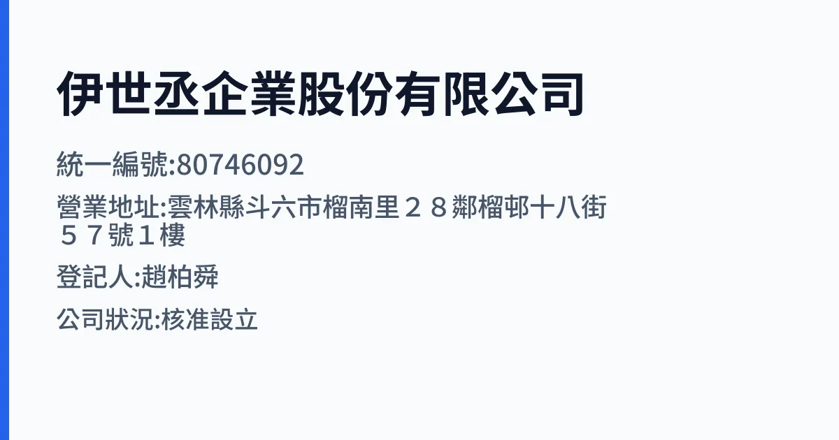 伊世丞企業股份有限公司 - 統編 80746092(雲林縣) 公司登記資料與營業項目詳細圖表