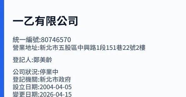 一乙有限公司的照片-統編 80746570(新北市) 公司登記資料與營業項目詳細圖表