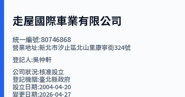走屋國際車業有限公司的照片-統編 80746868(新北市) 公司登記資料與營業項目詳細圖表
