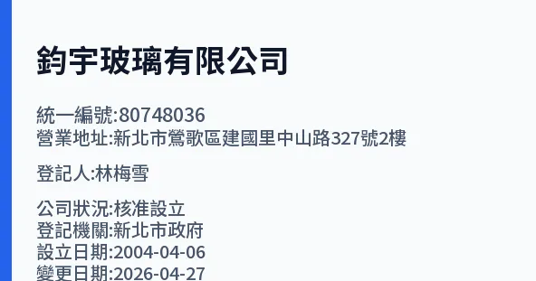 鈞宇玻璃有限公司的照片-統編 80748036(新北市) 公司登記資料與營業項目詳細圖表
