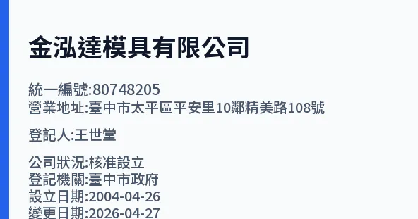 金泓達模具有限公司的照片-統編 80748205(臺中市) 公司登記資料與營業項目詳細圖表