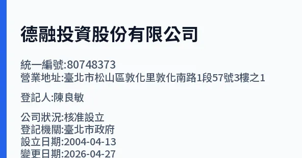 德融投資股份有限公司的照片-統編 80748373(臺北市) 公司登記資料與營業項目詳細圖表
