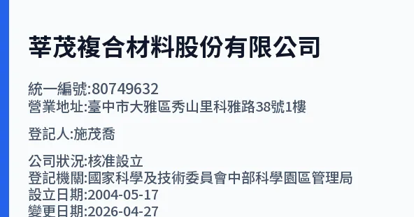 莘茂複合材料股份有限公司的照片-統編 80749632(臺中市) 公司登記資料與營業項目詳細圖表