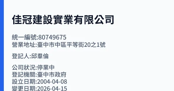 佳冠建設實業有限公司的照片-統編 80749675(臺中市) 公司登記資料與營業項目詳細圖表