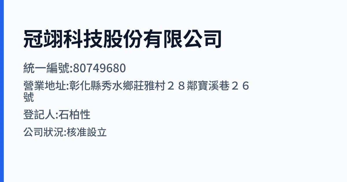 冠翊科技股份有限公司 - 統編 80749680(彰化縣) 公司登記資料與營業項目詳細圖表