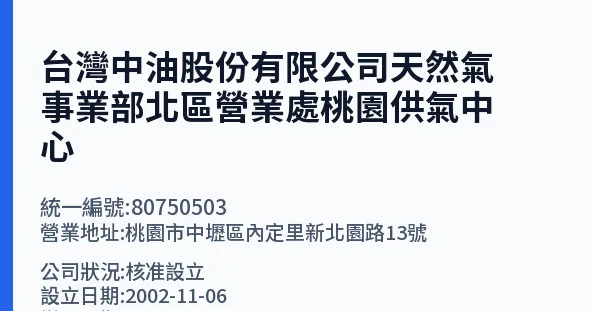 台灣中油股份有限公司天然氣事業部北區營業處桃園供氣中心的照片-統編 80750503(桃園市) 公司登記資料與營業項目詳細圖表