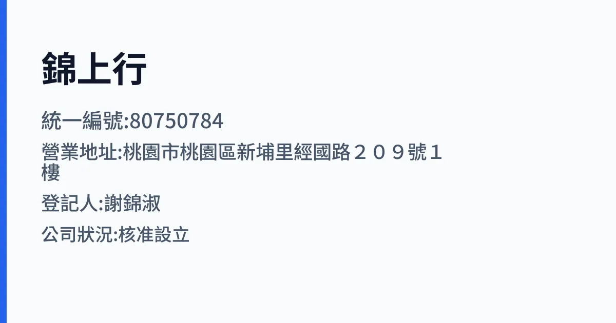 錦上行 - 統編 80750784(桃園市) 公司登記資料與營業項目詳細圖表