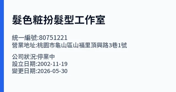 髮色粧扮髮型工作室的照片-統編 80751221(桃園市) 公司登記資料與營業項目詳細圖表