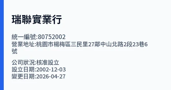 瑞聯實業行的照片-統編 80752002(桃園市) 公司登記資料與營業項目詳細圖表