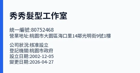 秀秀髮型工作室的照片-統編 80752468(桃園市) 公司登記資料與營業項目詳細圖表