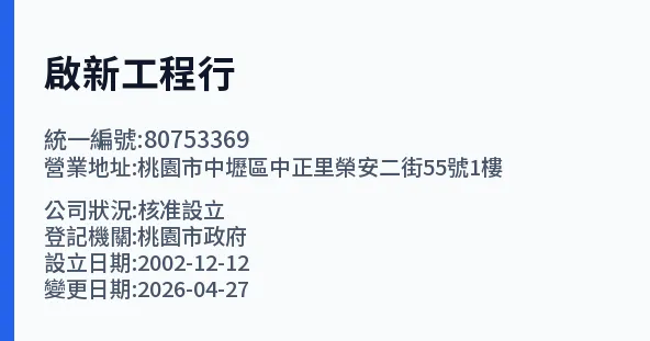 啟新工程行的照片-統編 80753369(桃園市) 公司登記資料與營業項目詳細圖表