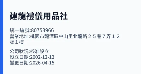 建龍禮儀用品社的照片-統編 80753966(桃園市) 公司登記資料與營業項目詳細圖表